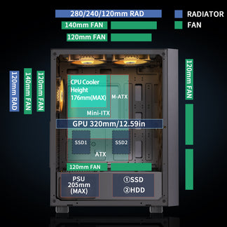 G07S-N6 MUSETEX ATX PC Case, 6 PWM ARGB Fans Pre-Installed, Computer C
