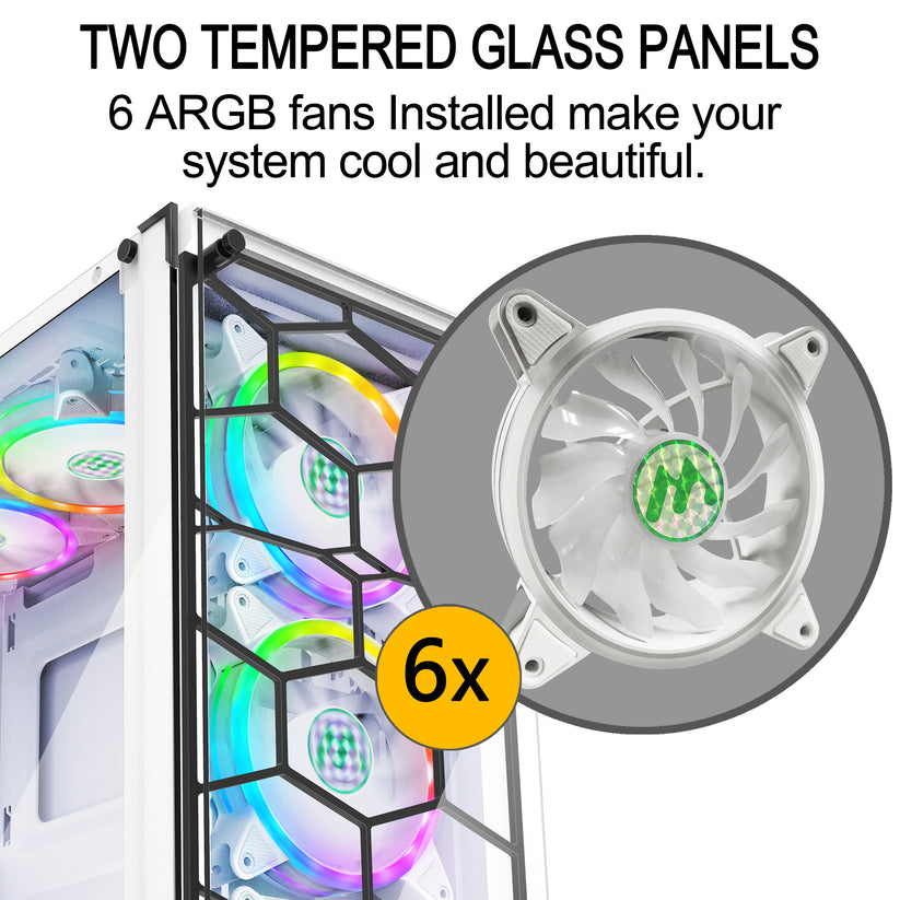 907W6W MUSETEX ATX PC Case with 6pcs ARGB Fans, Computer Gaming Cases