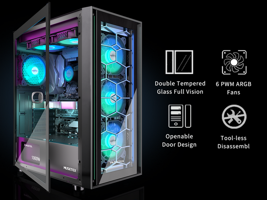 G07-N6 MUSETEX ATX PC Case, 6 PWM ARGB Fans Pre-Installed, Computer Ca