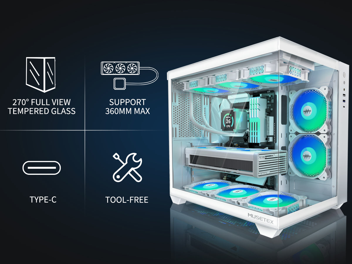MUSETEX ATX PC Case,5 PWM ARGB Fans Pre-Installed,360MM RAD Support,Ty